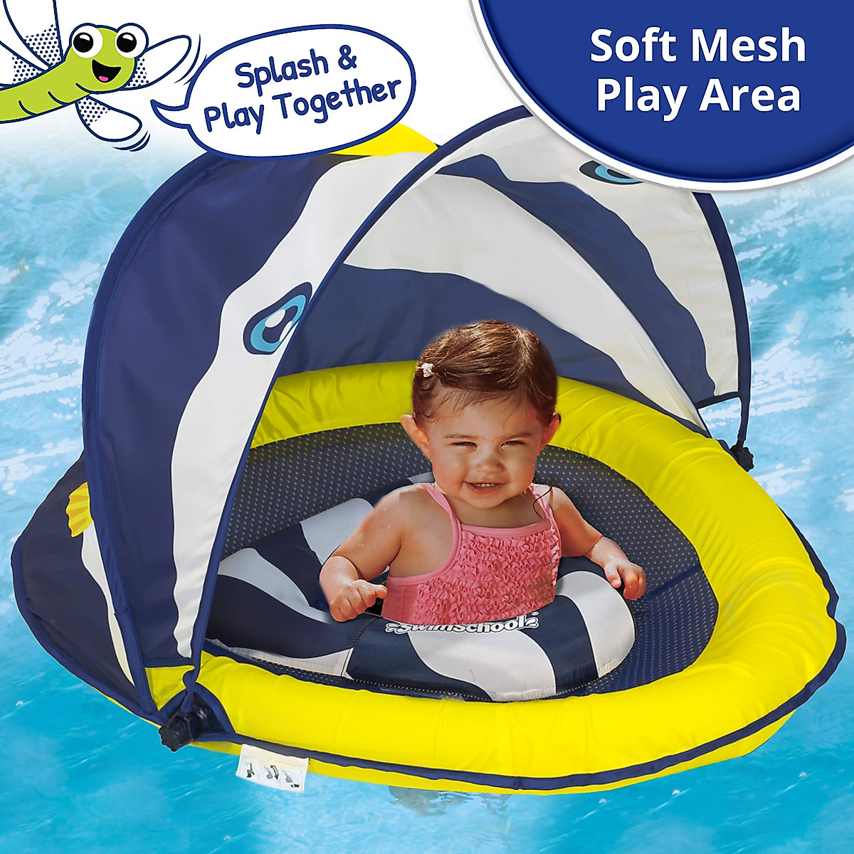 SwimSchool Deluxe Baby Float with Adjustable Canopy - 6-24 Months - Baby Swim Float with Splash & Play Activity Center Safety Seat - Navy/White