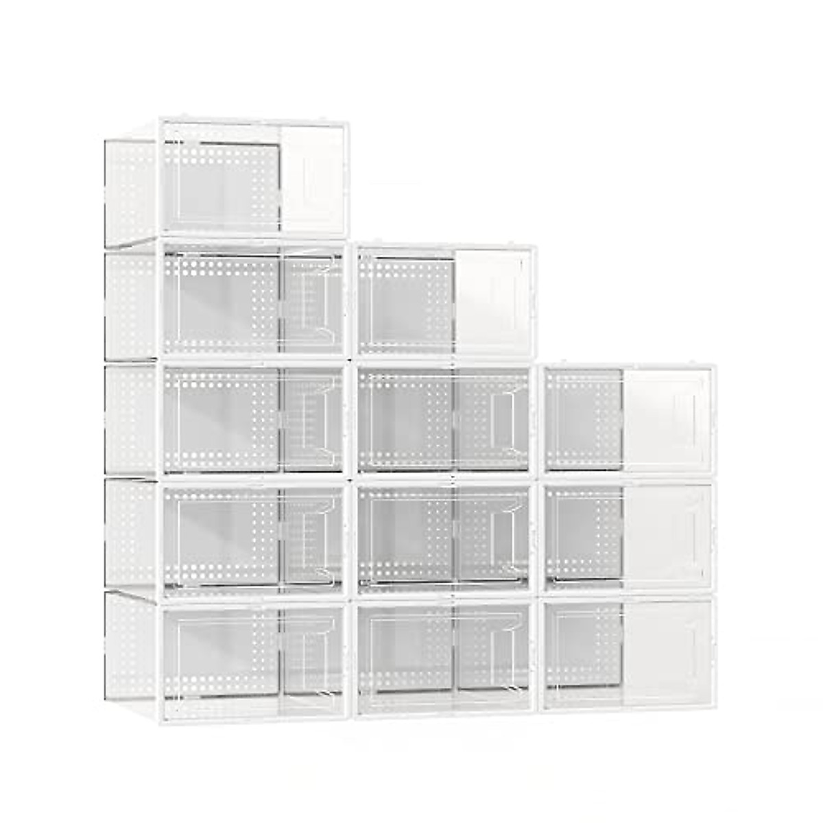12 Pack Large Shoe Organizer Storage Boxes for Closet, Modular Space Saving Shoe Boxes Clear Plastic Stackable Sneaker Containers Display Case with Lids, White