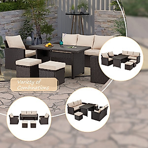 HOMREST 6 Pieces Patio Furniture Sets Clearance, Patio Dining Sofa Set Outdoor Sectional Sofa Conversation Set All Weather Wicker Rattan Couch Dining Table & Chair (Beige)