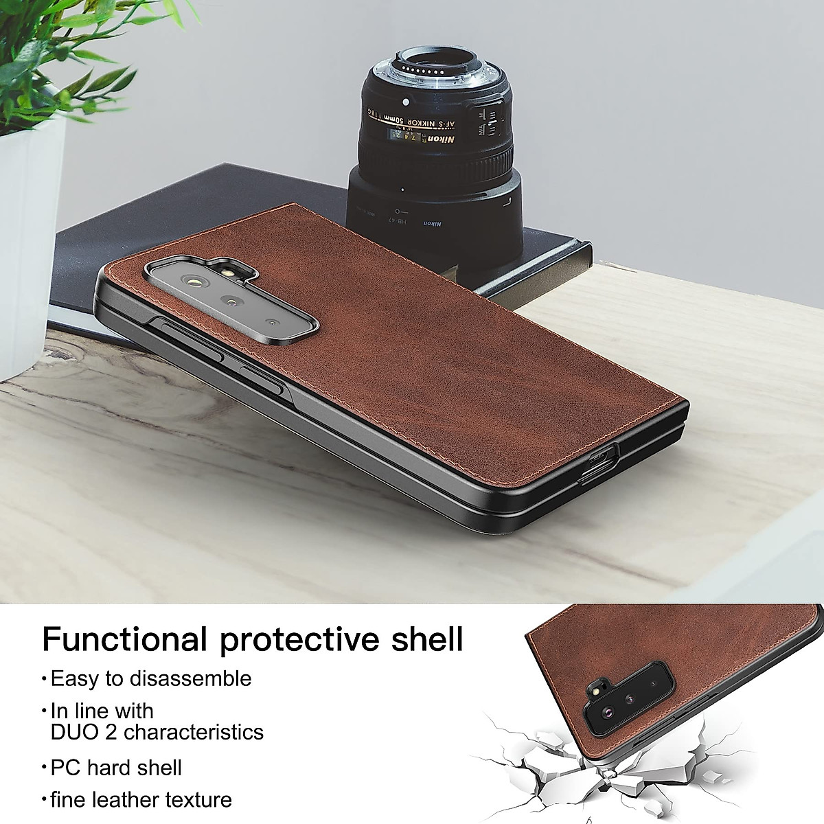 Foluu Microsoft Surface Duo 2 Case, Leather with Hand Strap, Slim PU Protective Phone Case (Brown)