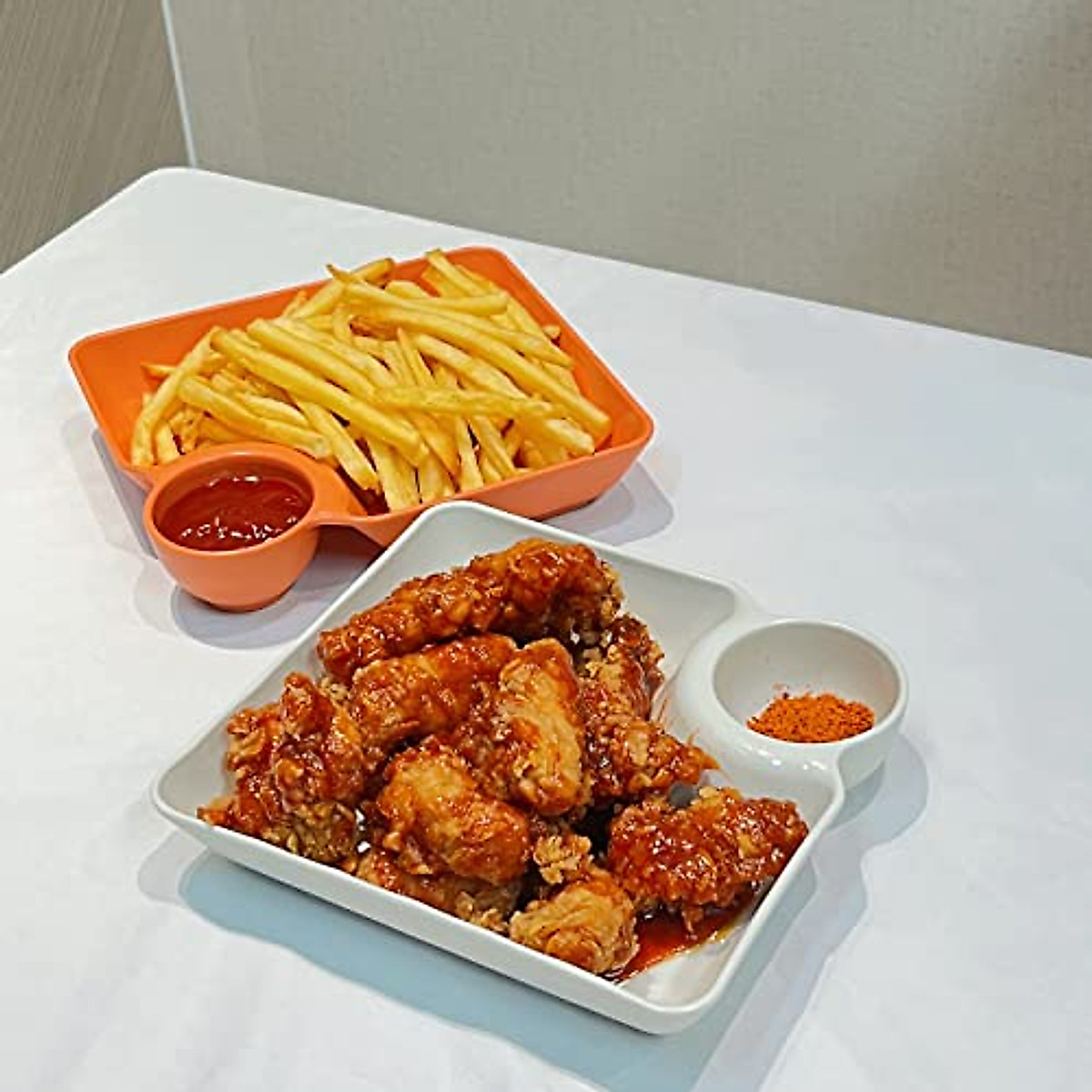 Chip and Dip Serving Platter Set, 4 Pcs Divided Party Trays 7.3'' x 6.7'' Snack Bowl Dishes for Entertaining, Wine Dine Appetizer Plates, Reusable Dumpling Plate with Sauce Holder for Buffet Parties