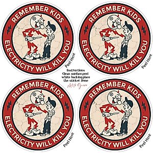 AG 4 PCS Remember Kids Electricity Will Kill You Decal Hard Hat Stickers Reddy Kilowatt Funny Electrician Mechanic Stickers, 3 Inch, Electricity Kills Sticker