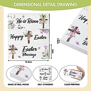 3 Pcs He is Risen Easter Blessings Happy Easter Table Wooden Sign Easter Tiered Tray Decor Religious Easter Tabletop Decorations Flower Cross Sign for Farmhouse Home Spring Easter Decor