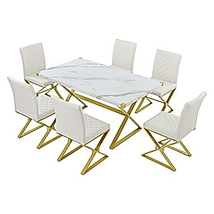 CITYLIGHT 7-Piece Kitchen Dining Table Set,Rectangular Marble Texture Table and 6 PU Leather Chairs with X-Shaped Gold Steel Pipe Legs,Modern Table Chairs Set for Dining Room(White+Gold)