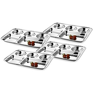 WhopperIndia Stainless Steel Five Compartment Round Plate, Thali, Mess Tray, Dinner Plate Set of 6 pcs- 13 inch, Silver