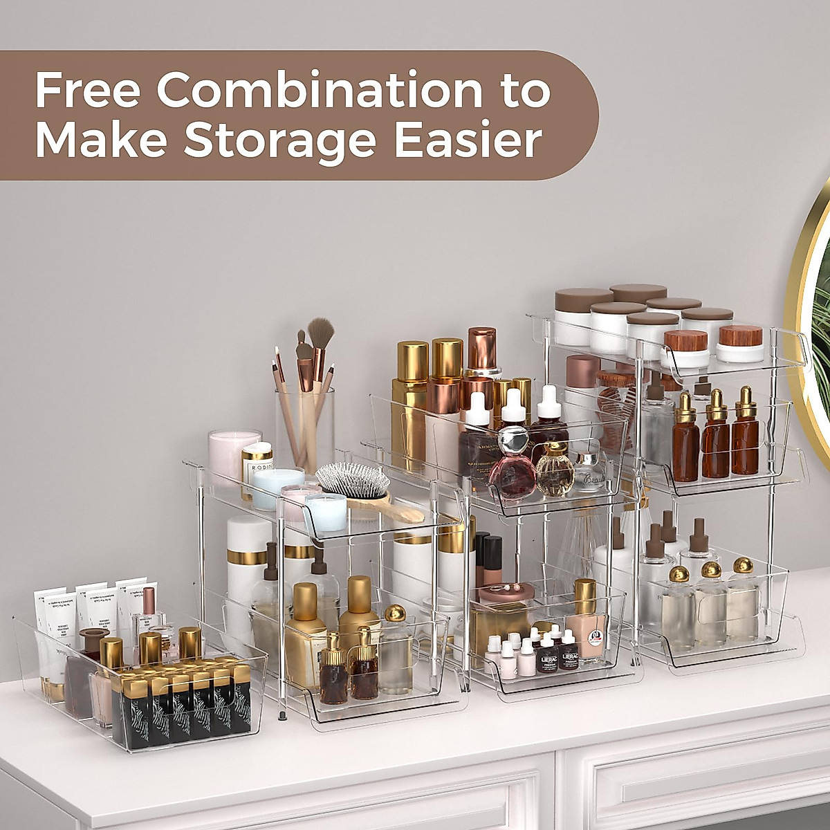 3 Tier Clear Bathroom Organizers, Pull Out Organizers and Storage, Slide Out Acrylic Drawer Organizer with 6 Dividers, Multi-Purpose Bathroom Organizer, Under Sink Organizer, Medicine Cabniet Bins