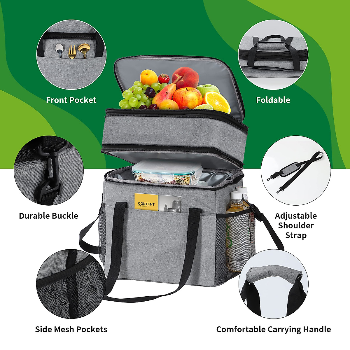 45 Can Cooler Bag for Men Women,32L Large Expandable Double Deck Insulated Lunch Box,Leakproof Reusable Cooler Lunch Bag,Suit for Camping/Picnic/Road Trips,Grey