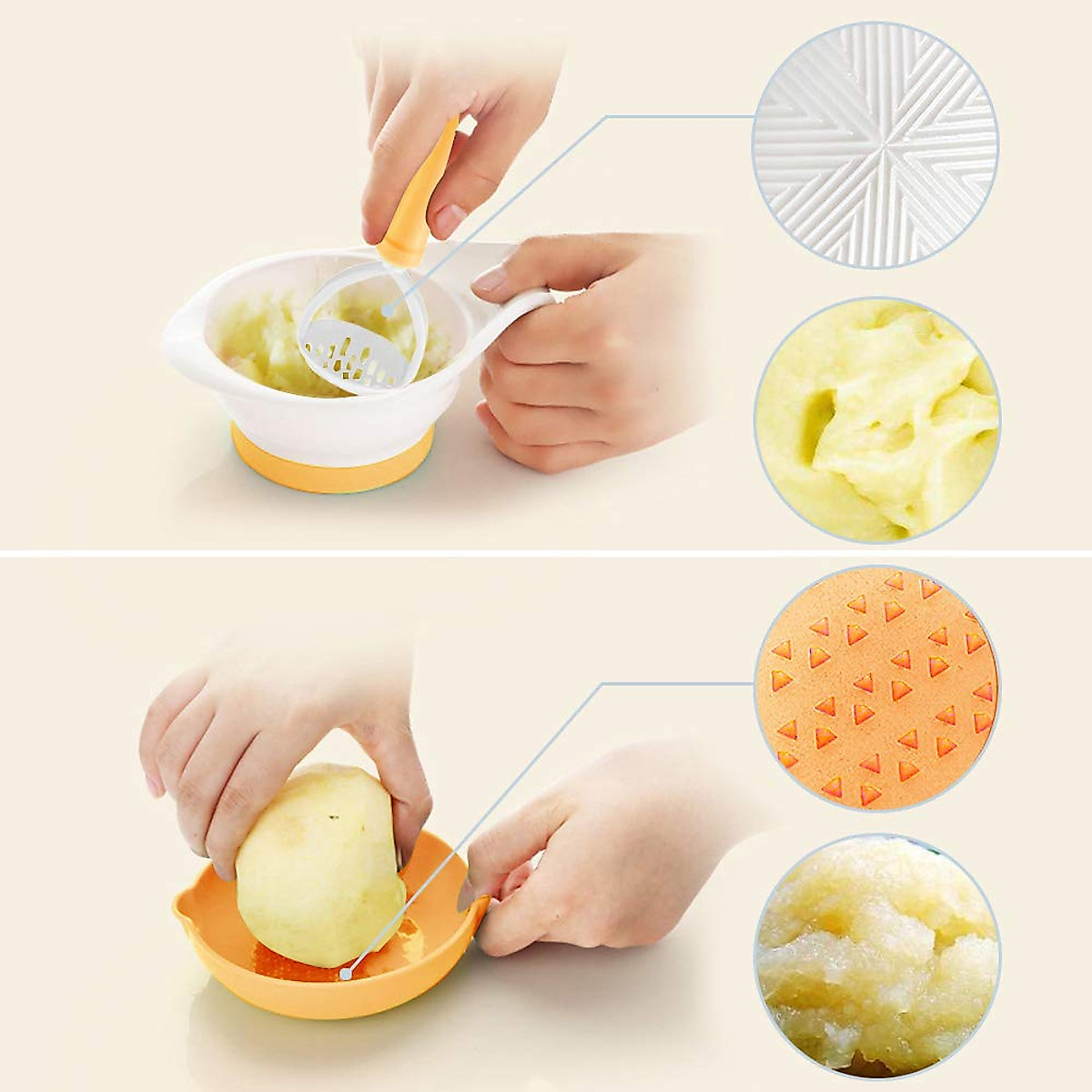 Matyz Versatile Baby Food Maker Set - Toddler Food Mills with Mash Bowl, Hand Masher, Citrus Juicer, Grater - Making Homemade Baby Food - Fruits and Vegetables Masher - BPA Free (Yellow)