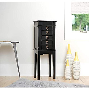 Hives and Honey Kennedy Jewelry Armoire - Modern Wood Storage Organizer with Necklace Hooks, 5 Drawers, and Vanity Mirror, Black