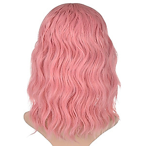 morvally Short Pink Wavy Bob Wig with Bangs for Women 16 Inches Natural Synthetic Hair Wavy Wigs