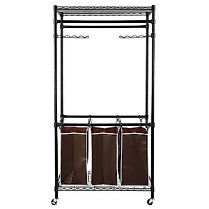 aruoquan Mobile 3-Bag Laundry Sorter Hamper Heavy Duty Clothes Rack Hanging Rolling Laundry Cart with Wheels Rod Garment Rack Double Metal Height Adjustable Shelves