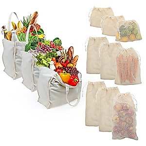 Reusable Grocery Bags Set of 12, 100% Cotton Plain Cloth Blank Canvas Heavy Duty Bag Bundle, With Handles for Shopping, Produce, Farmers Market, Include 3 Small, 3 Medium, 3 Large Mesh Bags, 3 Tote