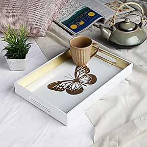 Zvasti Faux Leather Butterfly Printed Tray. White Faux Leather Trays for Coffee Table. Rectangle Tray with Handles