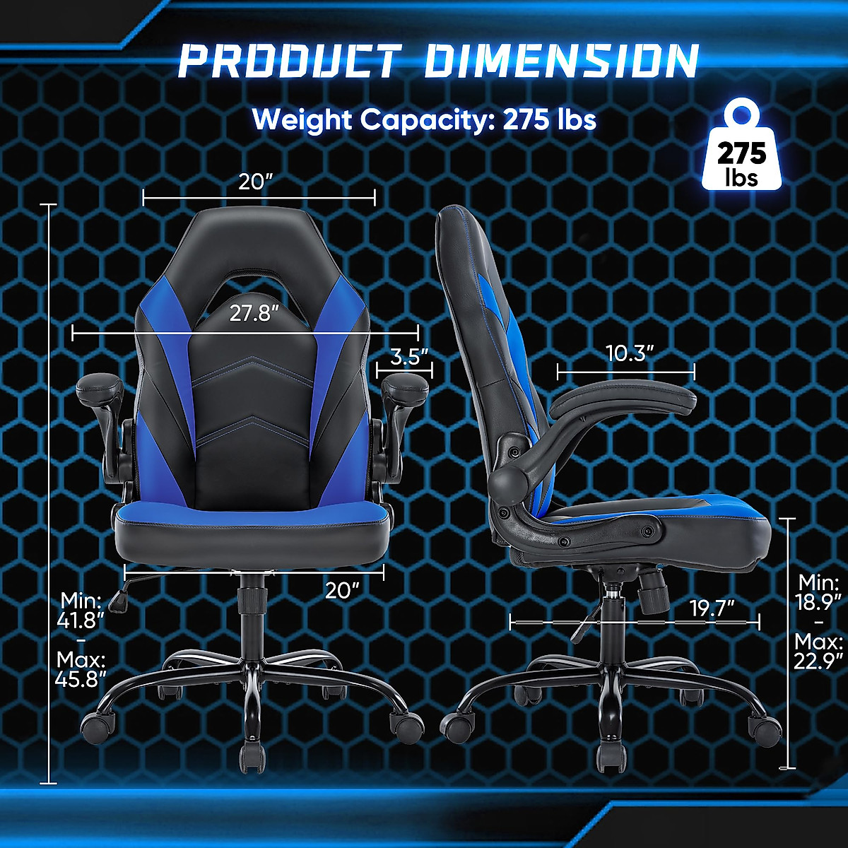 DUMOS Computer Gaming Home Office Chair - Ergonomic Big and Tall Desk with PU Leather Lumbar Support, Height Adjustable High Back Video Game with Flip-up Armrest, Swivel Wheels for Adults