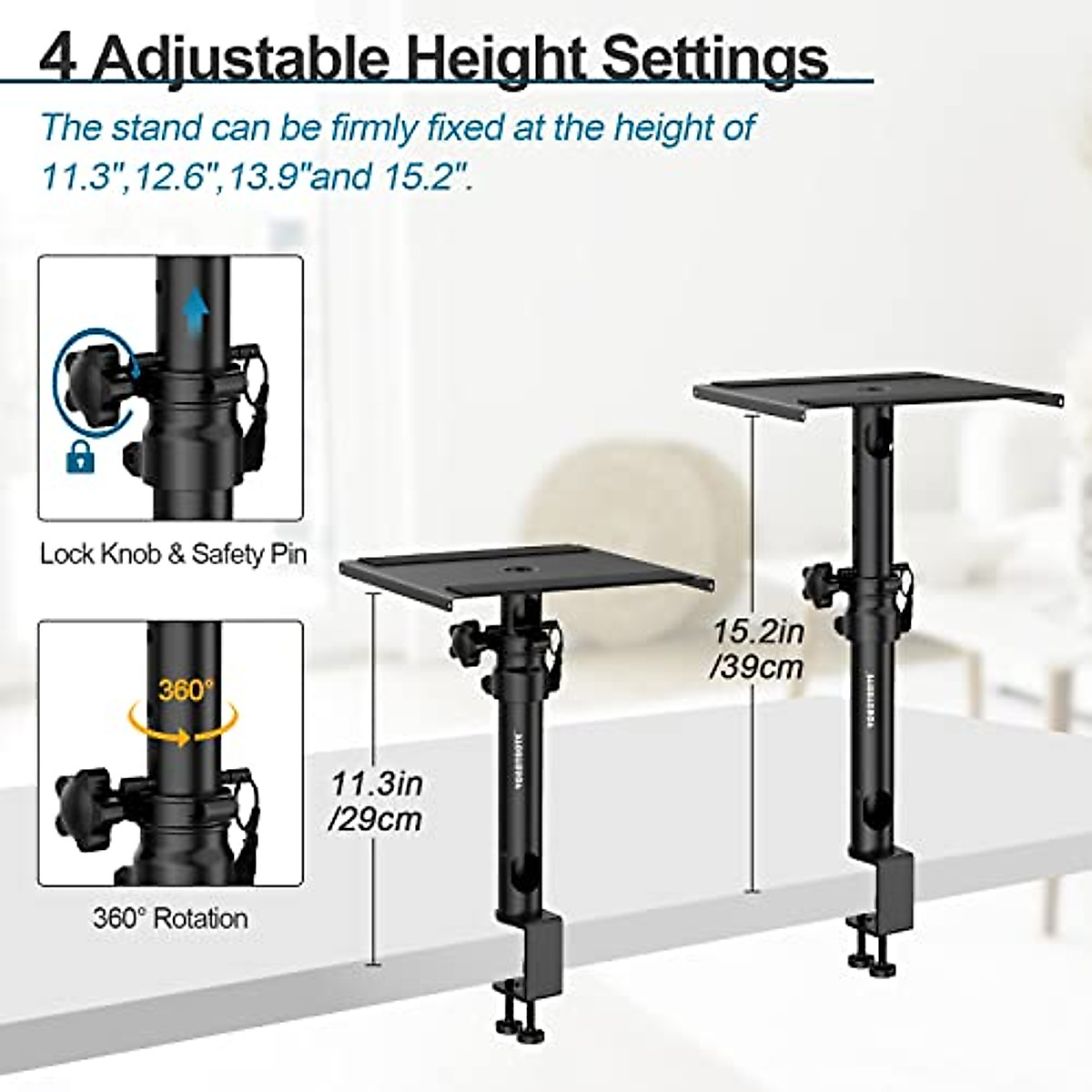 Vondynote Set of 2 Studio Monitor Stands Desktop Clamp Speaker Stands Bookshelf Speaker Stands with Cable Management