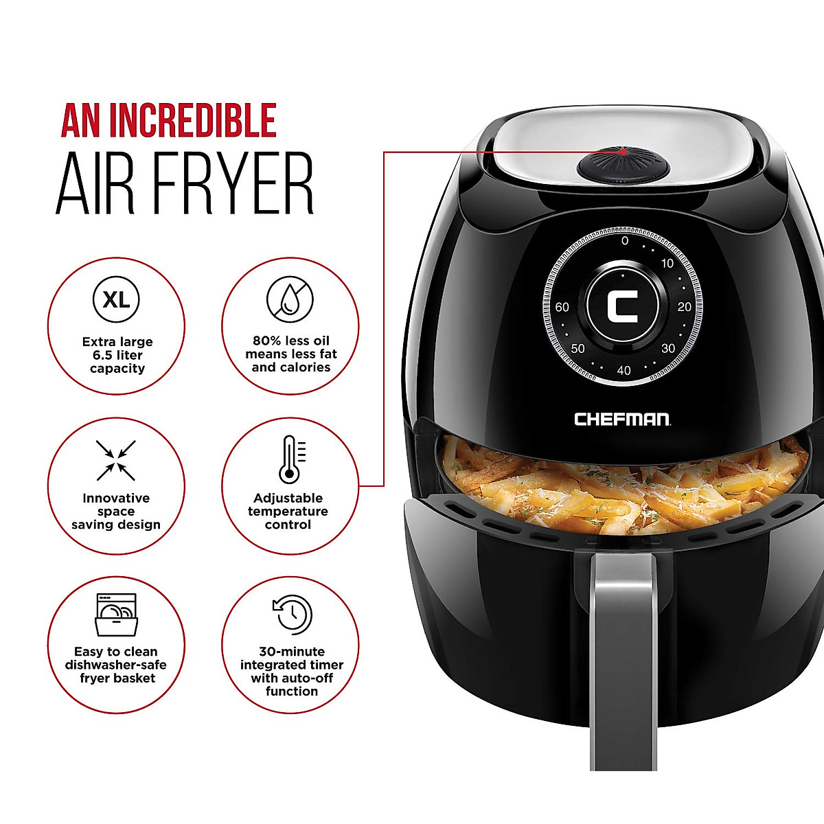 Chefman 6.5 Quart Air Fryer Oven with Space Saving Flat Basket, Oil Free Hot Airfryer with 60 Minute Timer & Auto Shut Off, Dishwasher Safe Parts, BPA-Free, Family Size, X-Large, Black