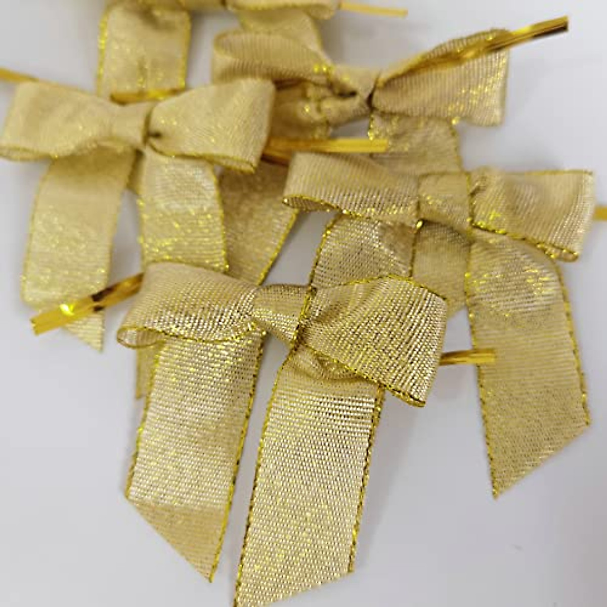 Micomon Metallic Gold Bows for Crafts Pretaied Christmas Bows with Twist Ties Hot Cut Tails for Gift Wrapping Packing Christmas Decoration (Gold,50pcs)