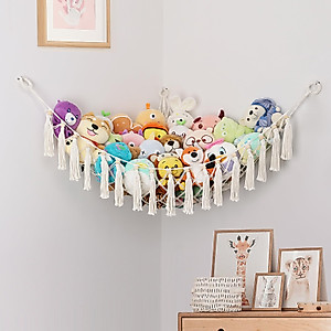KIDDI MIDY Stuffed Animal Storage Hammock, Toy Net Hammock For Stuffed Animals Corner Holder, 57"x45"x45" Jumbo Boho Macrame Wall Hanging Organizer with Tassels Hooks For Kids Bedroom Nursery Room