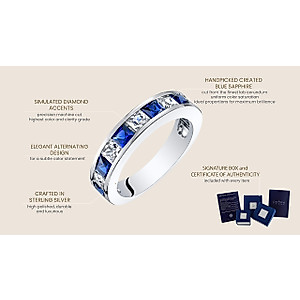 PEORA Created Blue Sapphire Half Eternity Wedding Ring Band for Women 925 Sterling Silver, 1 Carat total Princess Cut, Size 7