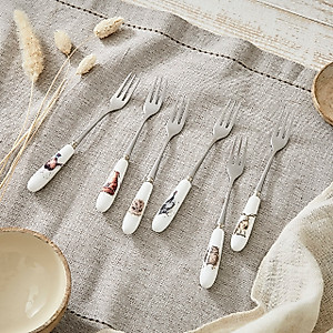 Royal Worcester Wrendale Designs Pastry Forks | 6 Inch Dessert Forks | Set of 6 Forks with Assorted Animal Motifs | Made from Stainless Steel with Porcelain Handles