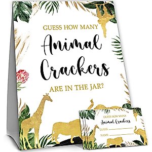 Yuzioey Guess How Many Animal Crackers Guessing Game, 50 Cards and Matching Standing Sign, Safari Jungle Animal Baby Shower Game Cards