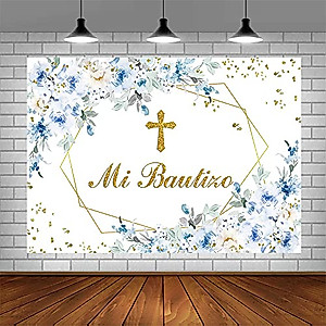 ABLIN 7x5ft Mi Bautizo Backdrop Mexican Baptism Party Decorations God Bless Boy First Holy Communion Banner Blue Flower Background Christening Newborn Baby Shower Decor Props, CQ304