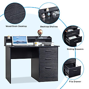 Kcelarec Computer Desk with Drawers and Hutch, Home Office Desk with File Drawer, Wood Executive Desk Writing Study Table PC Desk for Bedroom (Black)