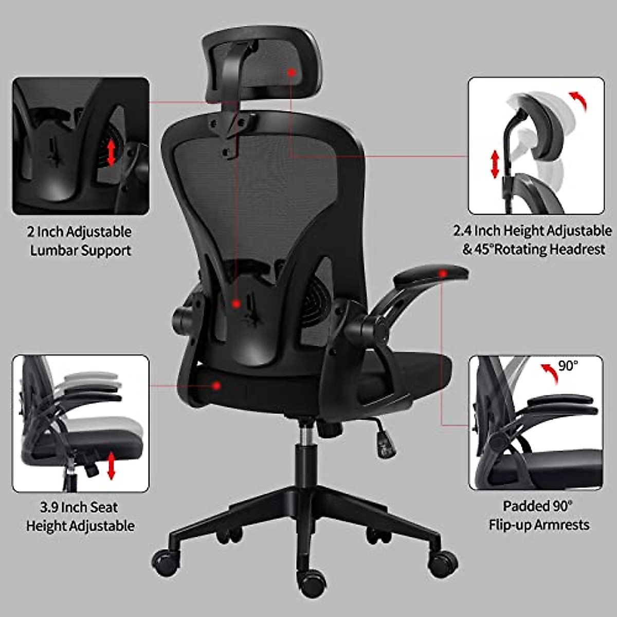 Office Chair,Ergonomic Desk Chair with Adjustable Headrest and Lumbar Support,High Back Mesh Computer Chair with Padded Flip-up Armrests,Swivel Task Chair with Large Seat,Tilt Function,Black