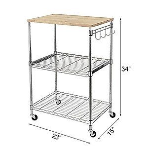 Finnhomy 3-Tier Wire Rolling Kitchen Cart, Food Service Cart, Microwave Stand, Oak Cutting Board and Chrome