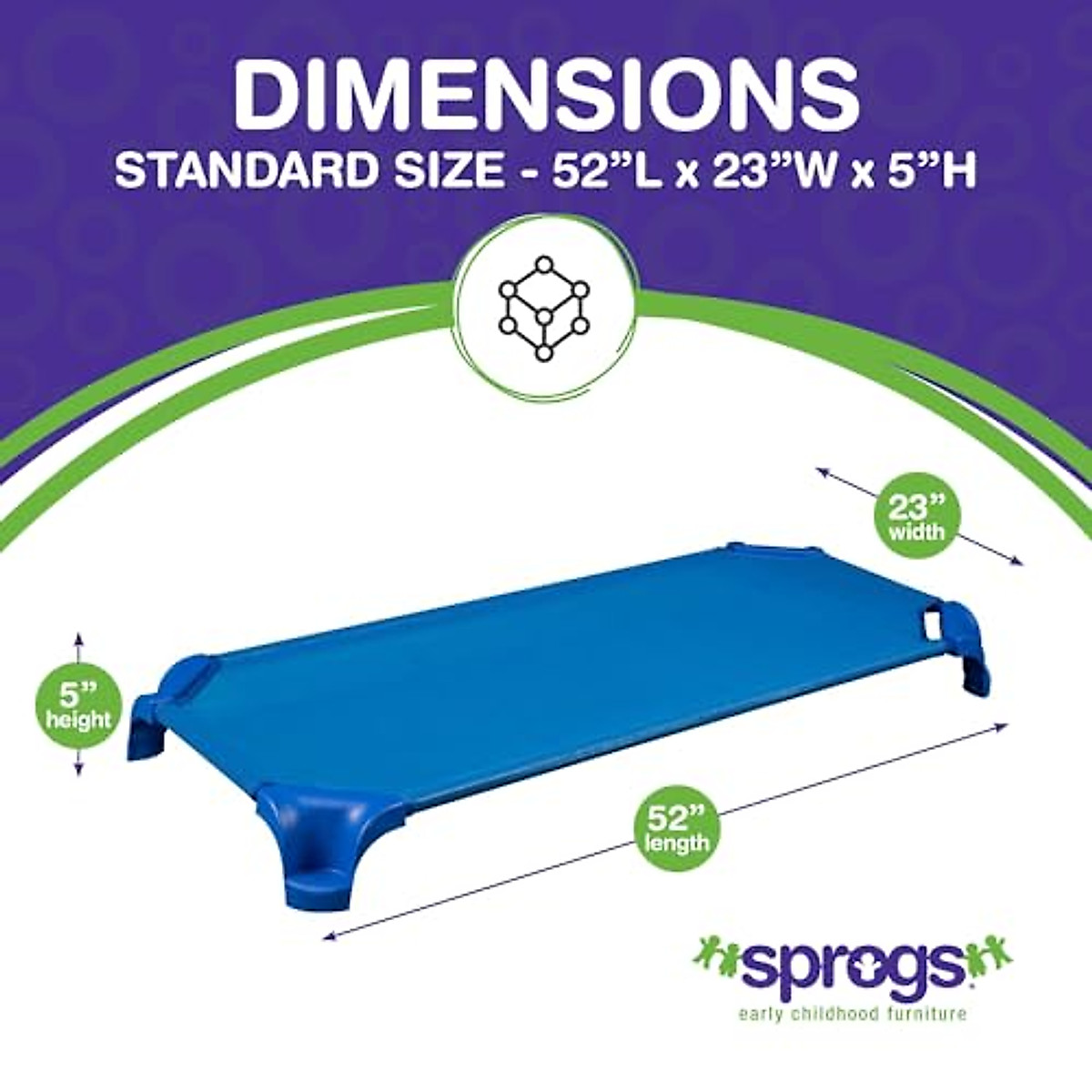 Sprogs Heavy-Duty Stackable Standard Size 52"L Daycare Cots for Kids and Toddlers, Stacking Preschool Classroom Kids Cots for Sleeping, Resting, Naptime, Pack of 6, Blue