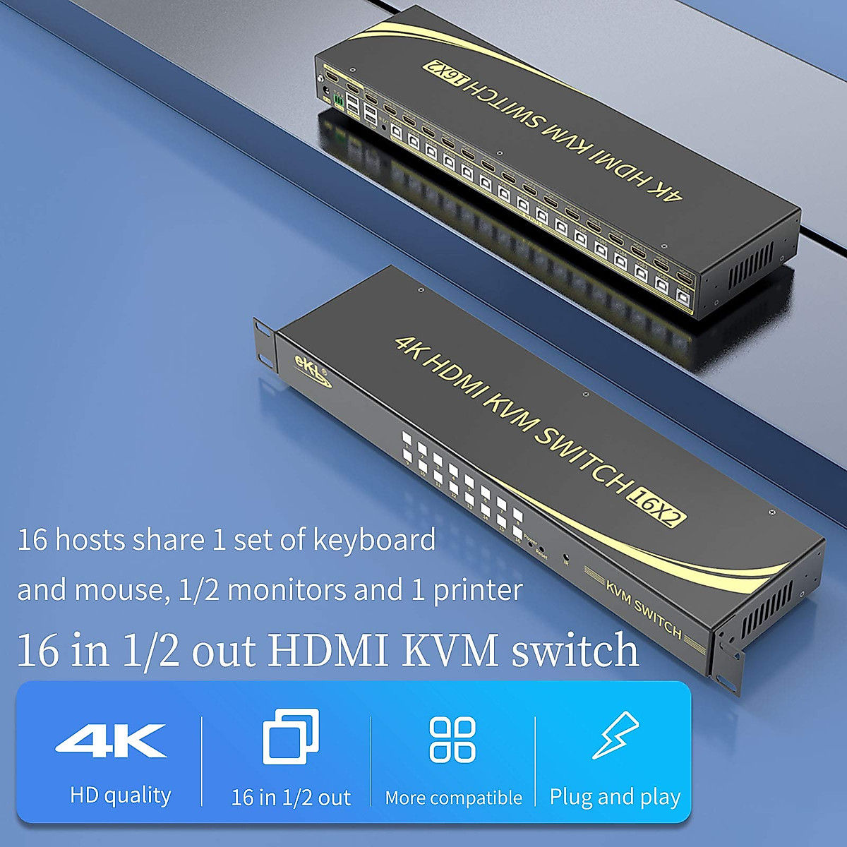 eKL KVM Switch, 16 Port v2.0 HDMI KVM Switch Supports Hotkeys Swapping 4K@60Hz 4:4:4 1080p 3D, 16 in 1/2 Out 16 PCs Sharing with One Set of Keyboard and Mouse