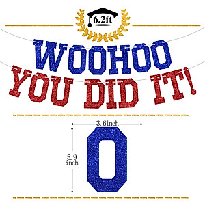 Woohoo You Did It Banner - Congrats Grad Sign, So Proud of You, 2025 High School/College Graduation Party Decorations Supplies, Blue and Red Glitter