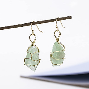 Green Fluorite Earrings, Raw Green Fluorite Earrings, Dangle Earrings, Delicate Stone Charm Gold Plated Drop Earrings, Wire wrapped crystal, Gemstone earrings