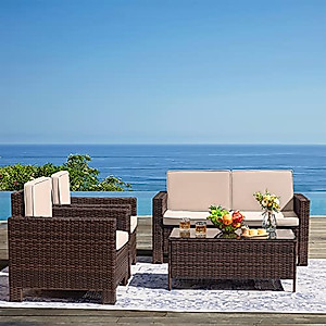 Greesum 4 Pieces Patio Furniture Sets, Wicker Rattan Sofa Chair with Soft Cushions and Sturdy Coffee Table, Outdoor-Indoor Use for Backyard Porch Garden Poolside Balcony, Beige and Brown