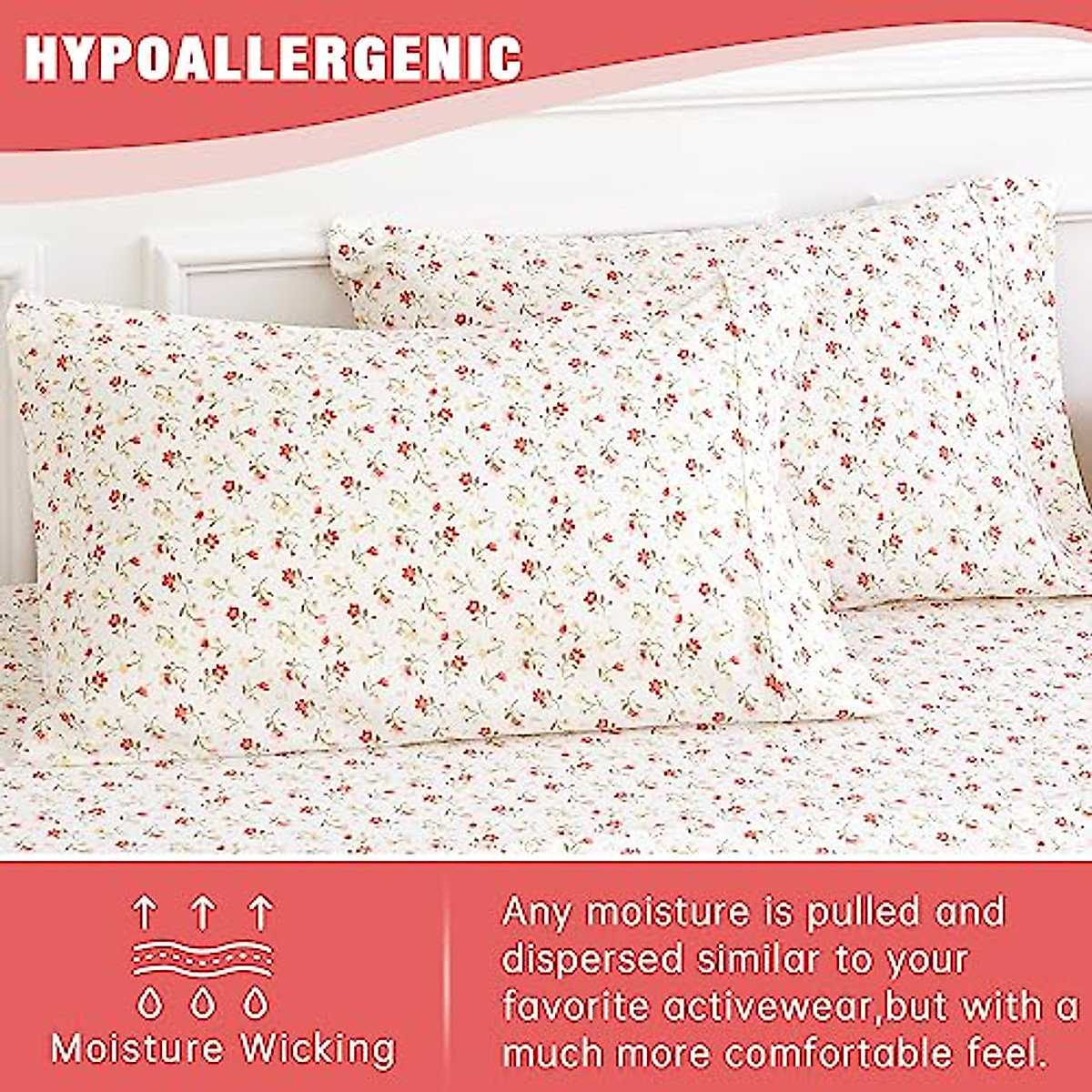 Queen Bed Sheet Set 4PC Printed Cute Red Flower Sheet Pattern Cooling Brushed Microfiber 17" Deep Pocket Floral Sheets Set Luxury, Soft, Breathable, Hypoallergenic, Wrinkle Free Double Bedding