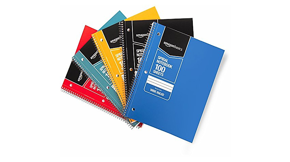 Amazon Basics Wide Ruled Spiral Notebook, 100 Sheets, 5-Pack