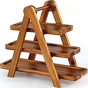 3 Tier Serving Tray Can Collapsible, Acacia Wooden Cupcake Stand Three Tiered, Tier Serving Stand with 3 Acacia Wooden Serving Platters for Entertaining, Rustic Wood Tray Vintage Party Buffet, Cupcake