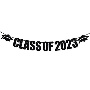 Class of 2023 Banner, 2023 Graduation Theme Party Decorations Supplies, Congrats Grad High School / College Graduate Bunting Sign, Black Glitter