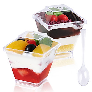 JOLLY CHEF 100 x 2 oz Mini Dessert Cups with Spoons and Lids, Square Tall Clear Plastic Parfait Appetizer Cup Small Serving Bowl for Party Desserts Appetizers