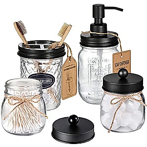 Amolliar 4PCS & 2pcs Black Mason Jar Bathroom Accessories Set-3 pcs Lotion Soap Dispenser & 2 pcs Cotton Swab Holder &1pcs Toothbrush Holder,Waterproof Stickers,Rustic Farmhouse Decor