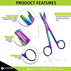 Cynamed Suture Stitch Scissors with Multicolor/Rainbow Titanium Coating - Premium Quality Instrument- Delicate Hook - Perfect for Suture Removal, First Aid, EMS Training and More (4.5 in. - Straight)