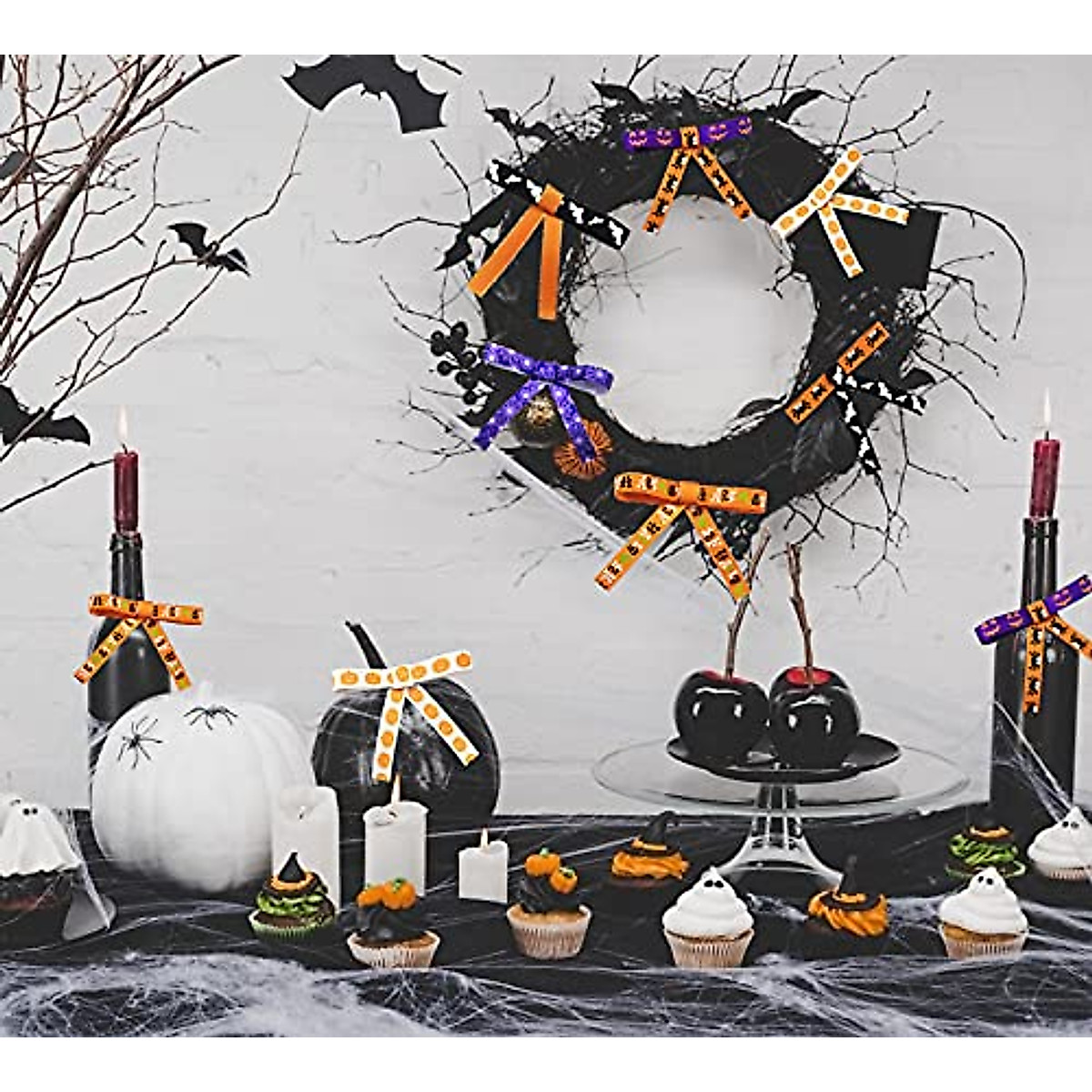 3/8" Halloween Ribbon for Gift Wrapping (10rolls, 50yds), Orange Ribbons for Crafts Wreaths with Spider Web Pumpkin Bat, Ribbon for Hair Bows Halloween Party Home Decor