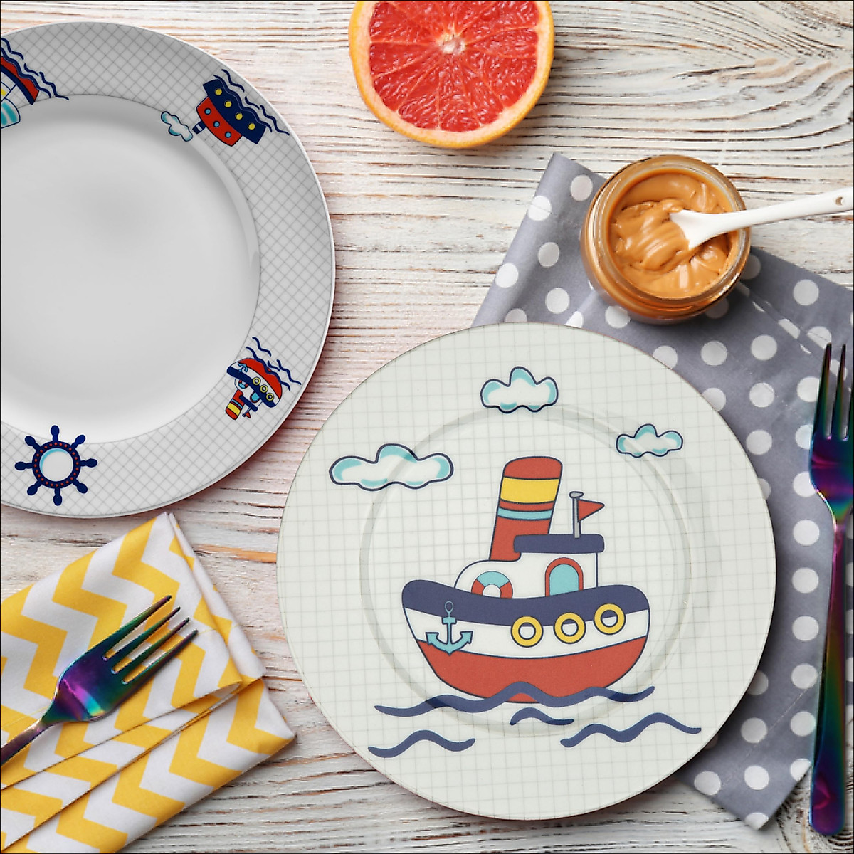 Children's Porcelain Dinnerware Sets, Kids Dinnerware Sets, Kids Porcelain Plates - Bowl - Junior Mug - Egg Cup Sets (Captain)