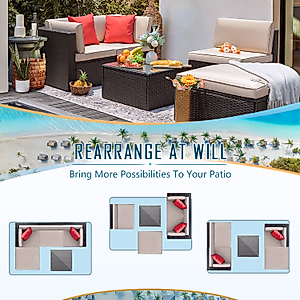 Flamaker 5-Piece Patio Furniture Set - Outdoor Wicker Sectional Sofa with Thick Cushions & Tempered Glass Table - Ideal for Deck, Porch, Terrace (Beige)