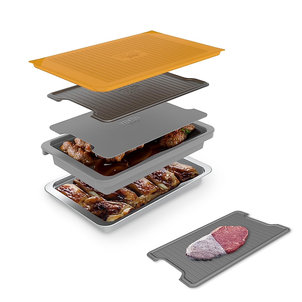 PREP ‘N Serve Premium Set™ - Plastic Container with Lid for Marinades, Stainless Steel Serving Tray, Aluminum Defrosting Tray, and a Plastic Cutting Board - The Ultimate BBQ Food Prep Utensil Set