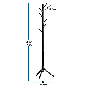 ZOBER Coat Rack Freestanding - Wooden 6 Hanger Clothing Rack with Modern Hooks for Bag, Hat, Jacket, Purse, Umbrella - Standing Hat Rack Coat Hanger for Entryway - Black
