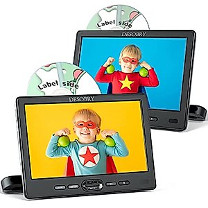 10.5" Headrest Car DVD Player Dual Screen, DESOBRY Dual DVD Player for Car with Headphone, Suction-Type Disc in, HDMI Input,Support 1080P Video,AV in/Out,USB/SD Reader,Regions Free & Last Memory