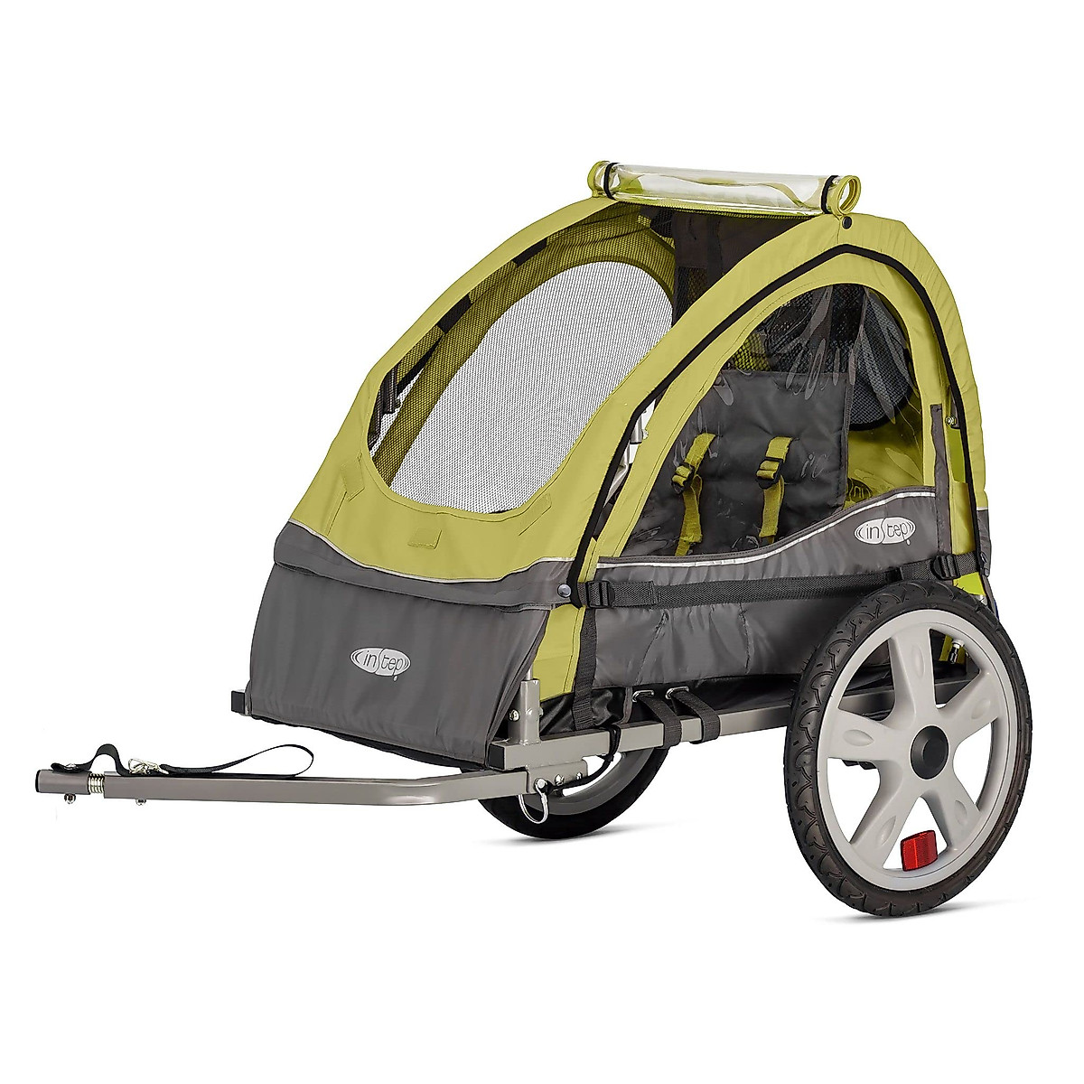 Instep Sync Single Seat Bike Child Trailer, Max Weight 40 lbs., 5-Point Harness, Folding Frame, Quick Release Wheels, Easy Storage, Bug Screen & Weather Shield, Green/Grey