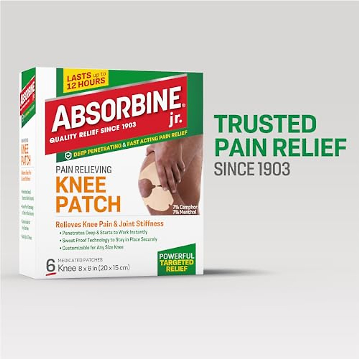 Absorbine Jr. Knee Pain Relief Patches, Fast Acting Pain Patch with Menthol for Knee Pain, Muscle Cramps and Joint Pain, 12 Hours of Long Lasting Relief with Sweat Proof Technology, 6 Count