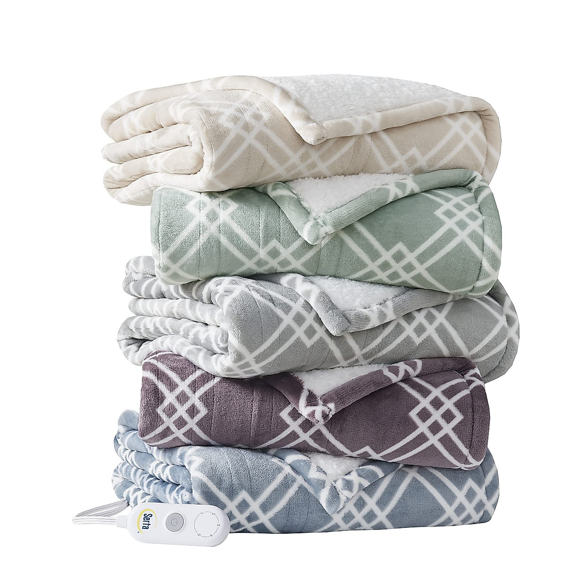 Serta Reversible Fleece to Sherpa Electric Blanket Fast Heating Soft Cover, Safety Auto Shut Off Timer, Low EMF, Multi Heat Setting, ETL Certified, Machine Washable, Purple Geo Throw (50"x 60")